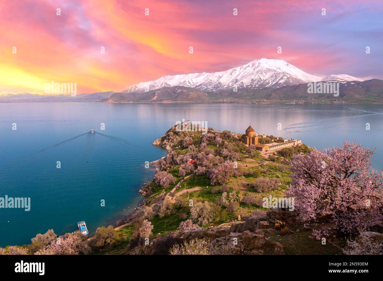 Akdamar Island in Van Lake. The Armenian Cathedral Church of the Holy ...