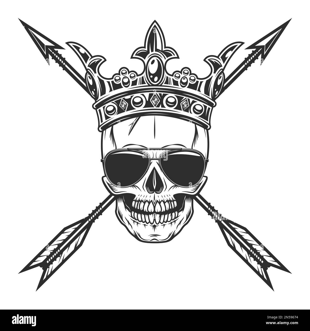 Skull in royal crown with crossed hunting arrow and sunglasses ...