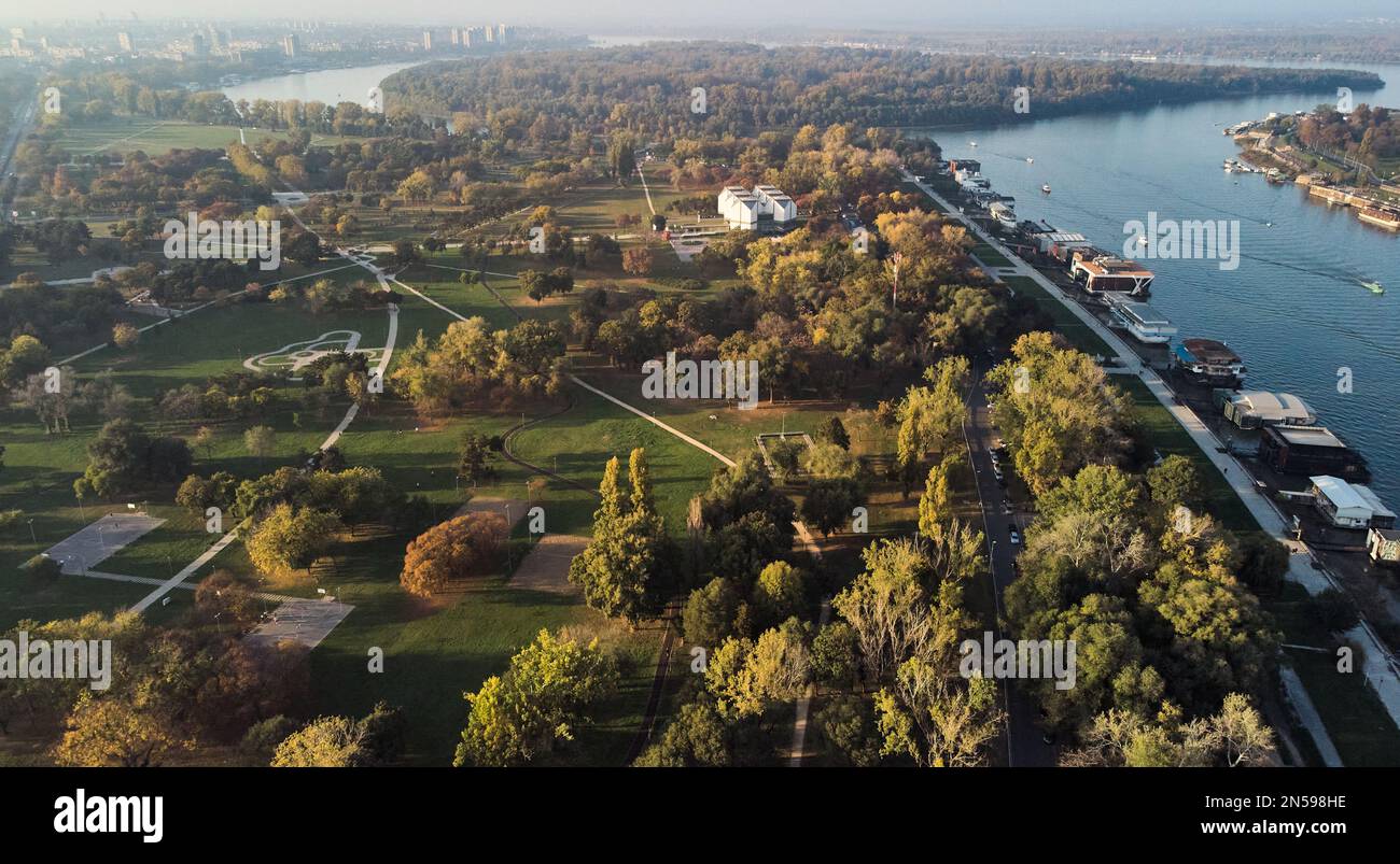Aerial view of the Usce city park near the river. Great aerial view of ...