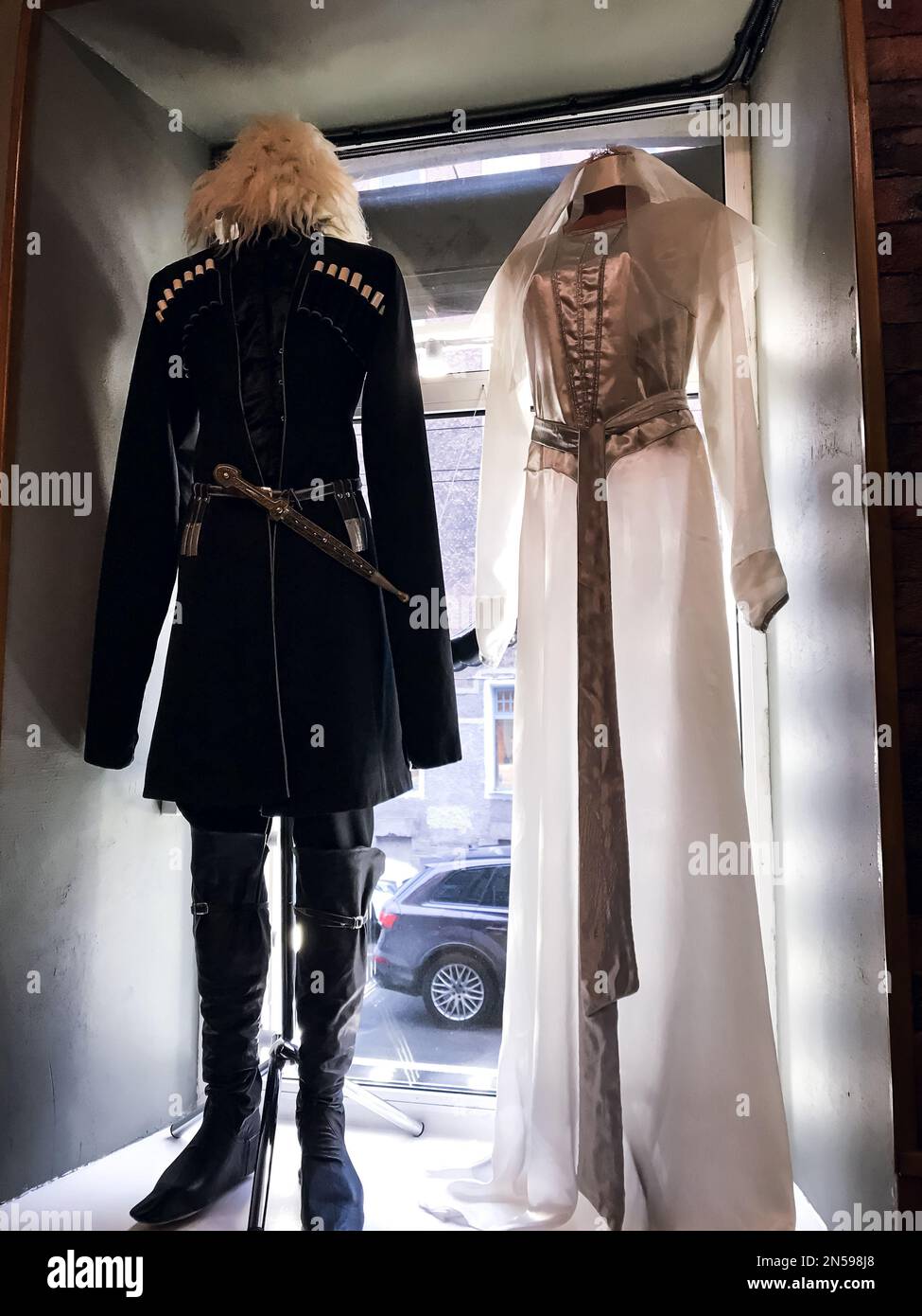 national Georgian costume vintage, male and female, two objects ...