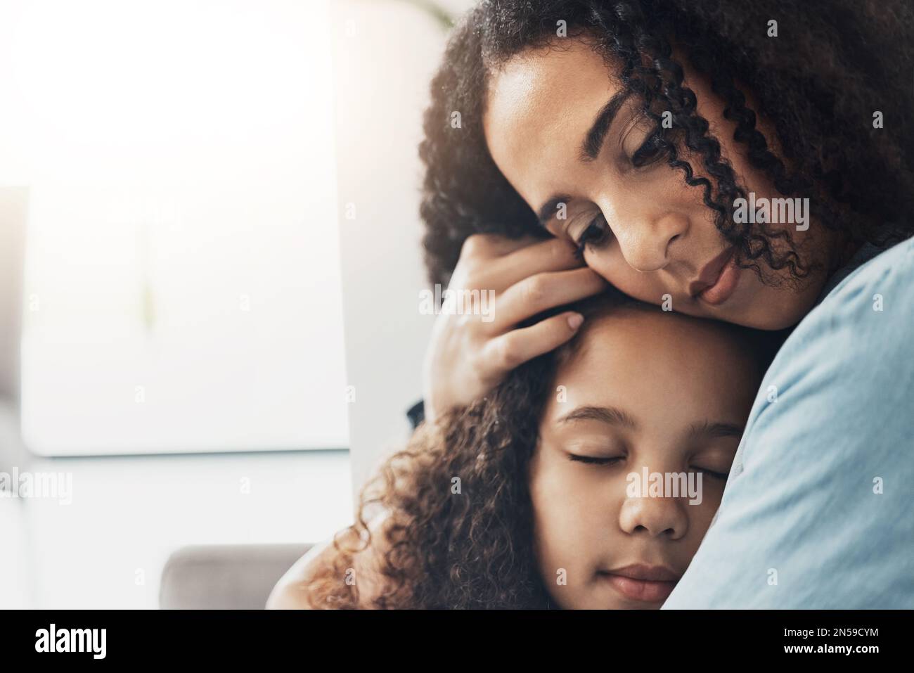 Love, care and mother hug girl in home, bonding and caring for child ...