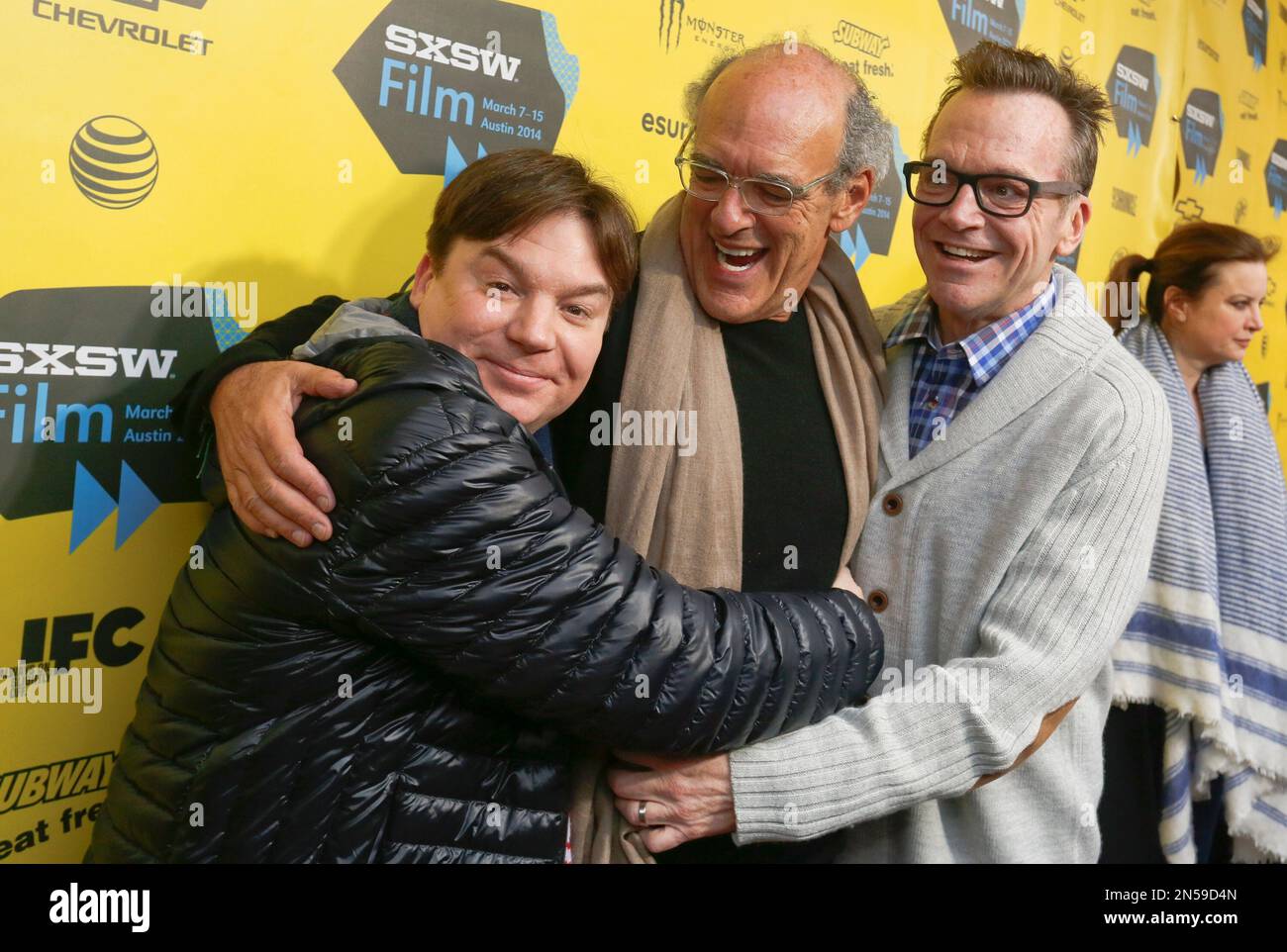 Mike Myers, Shep Gordon, and Tom Arnold, from left, arrive on the red ...