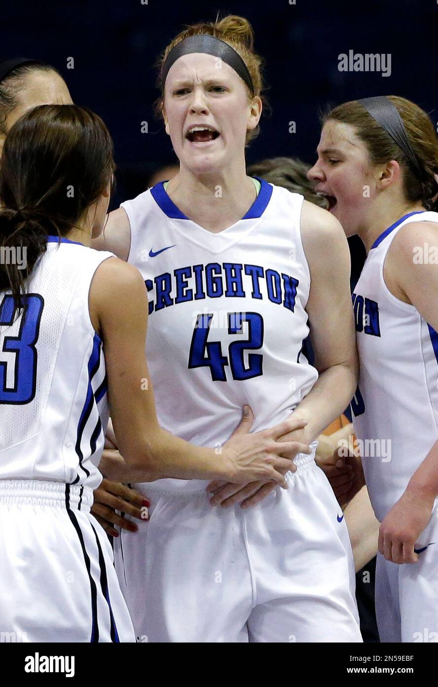 Creighton forward Sarah Nelson (42) celebrates with teammates after ...