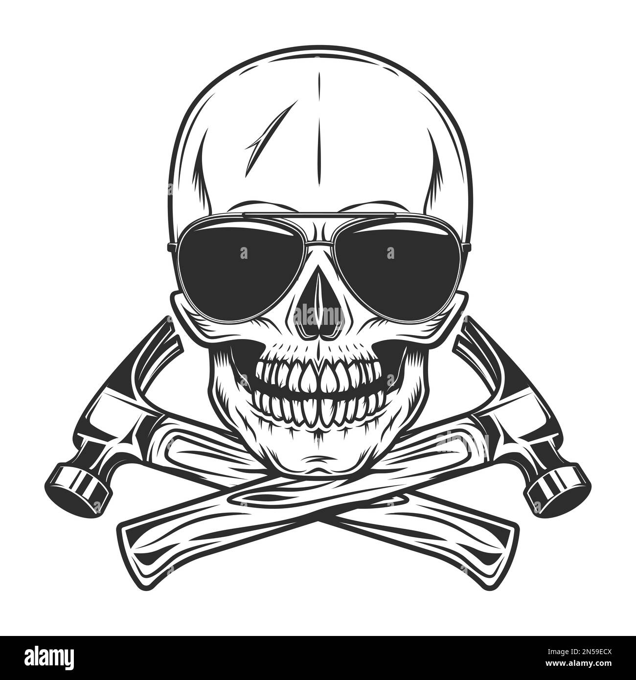 Skull with builder construction hammer tools and sunglasses accessory ...