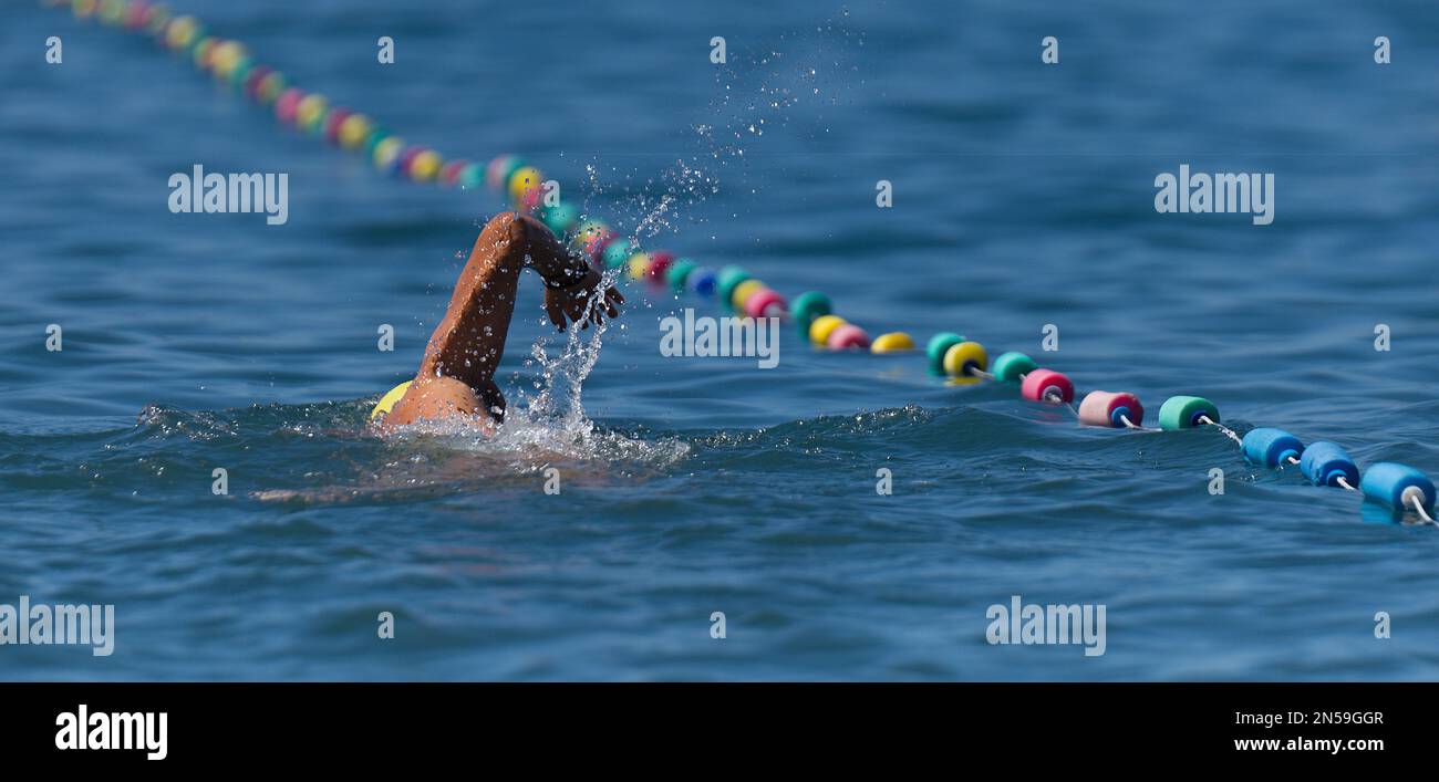 Swim competition swimmer athlete doing crawl stroke in sea swimming ...