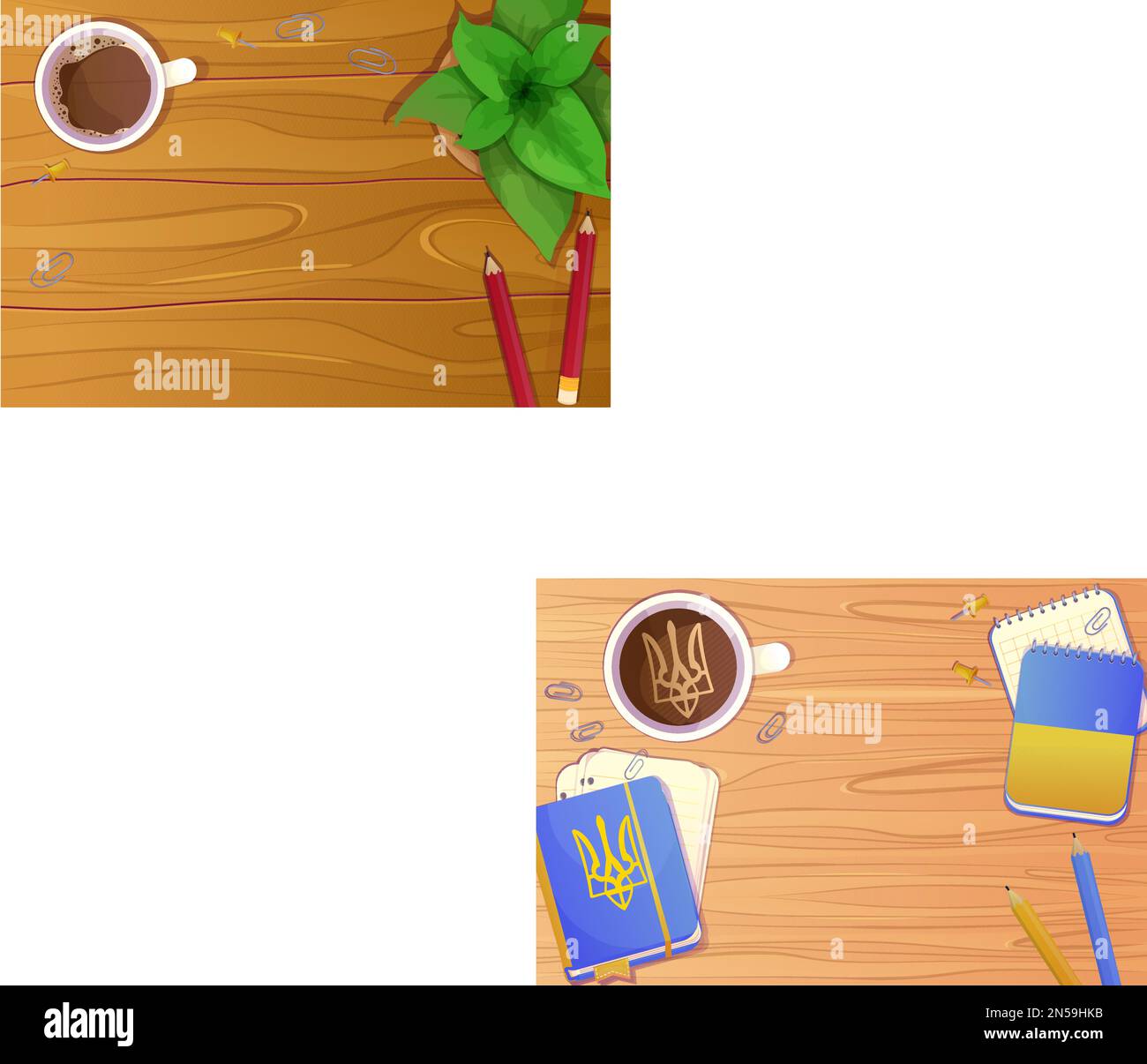 Workplace, workspace with stationary, cup with coffee, empty place top ...