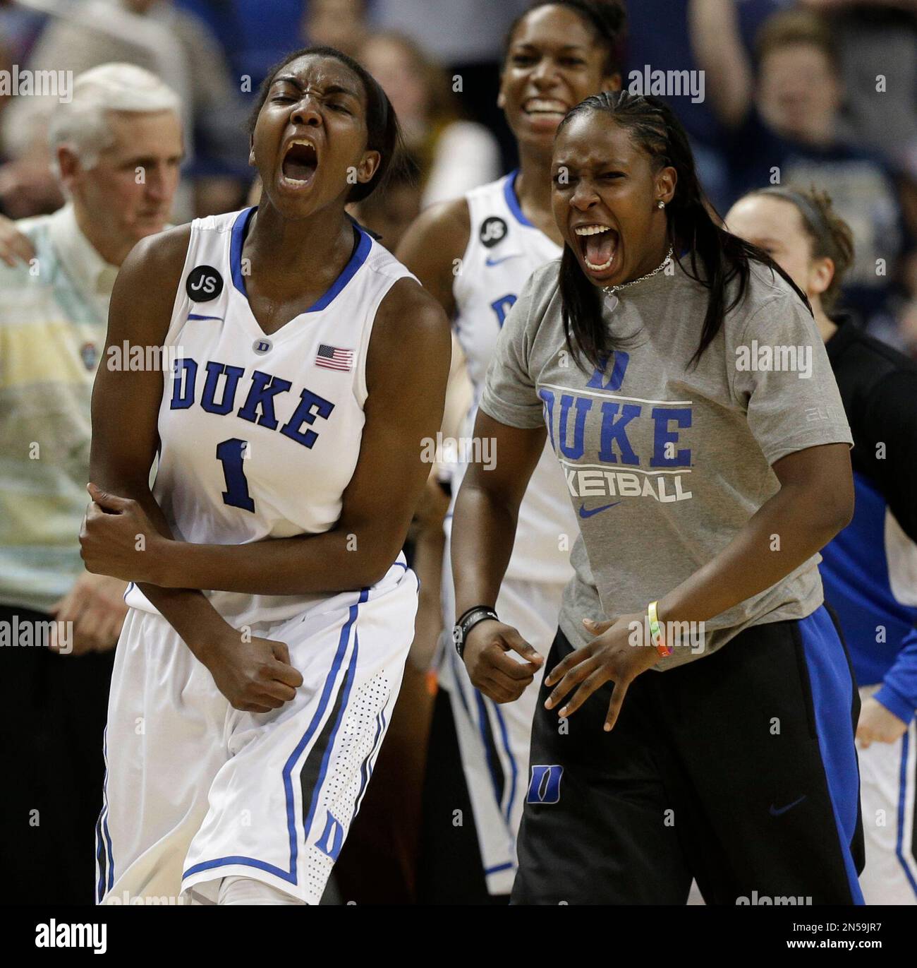 Duke's Chelsea Gray, right, and Elizabeth Williams, left, cheer after ...