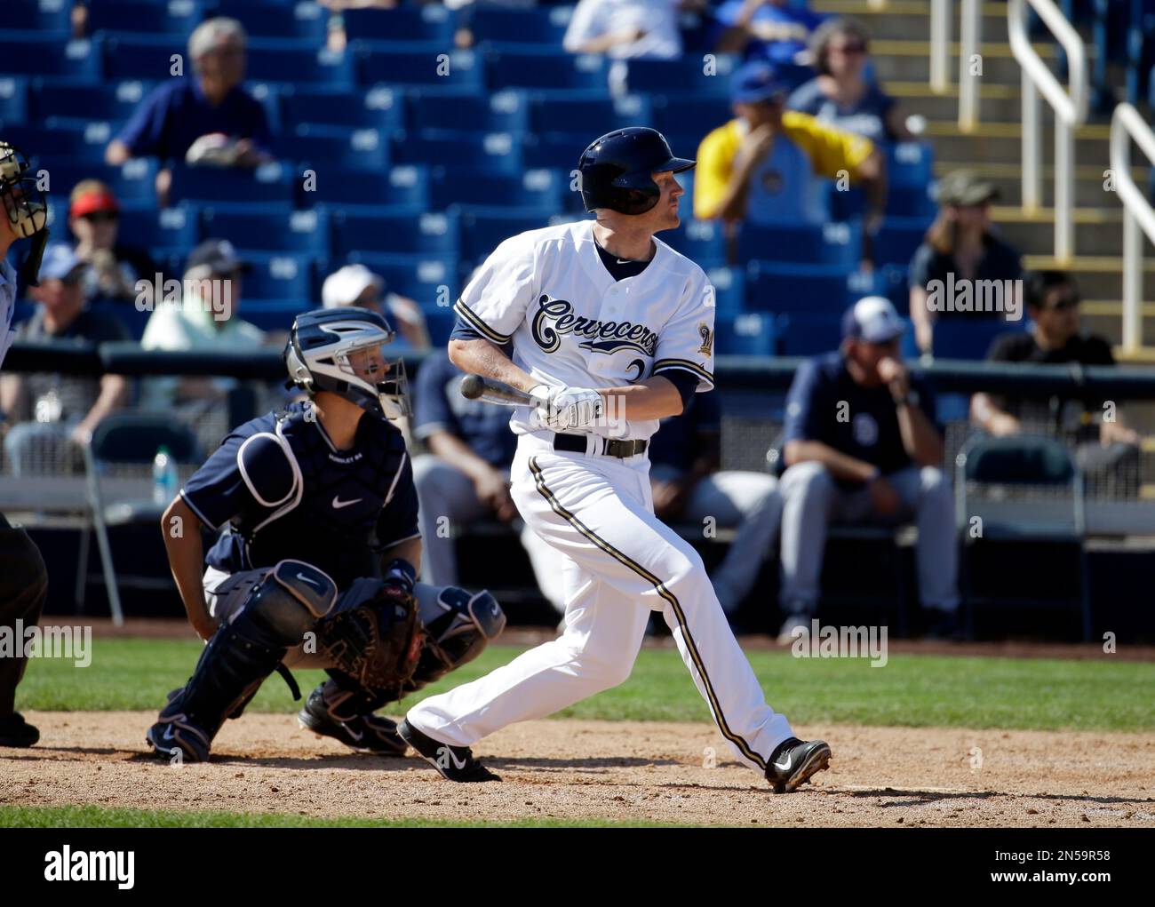 Milwaukee Brewers' Lyle Overbay hits during an exhibition spring ...