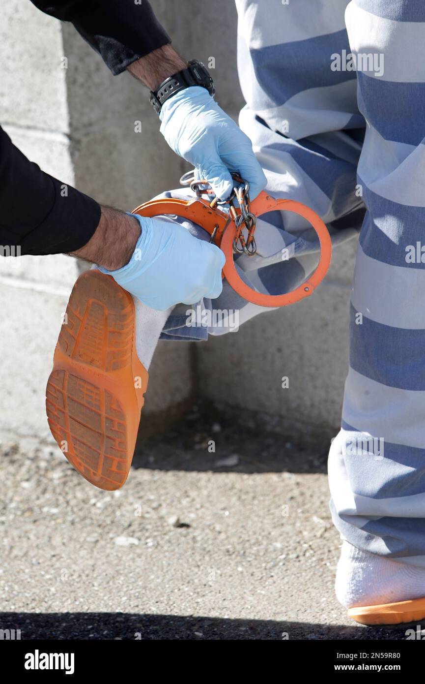 In this photo taken Thursday, Feb. 20, 2014, the leg restraints are ...