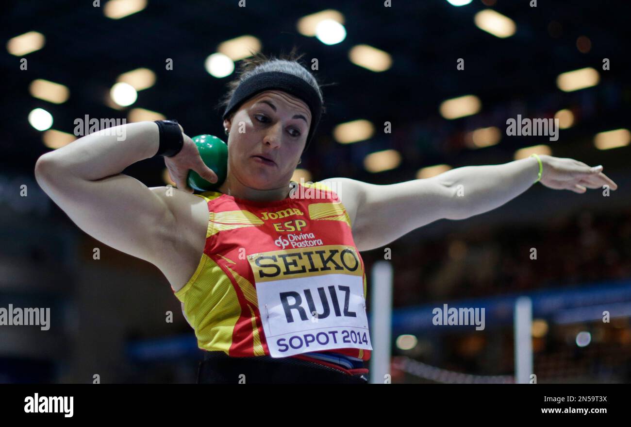 Spain's Ursula Ruiz makes an attempt for the women's shot put ...