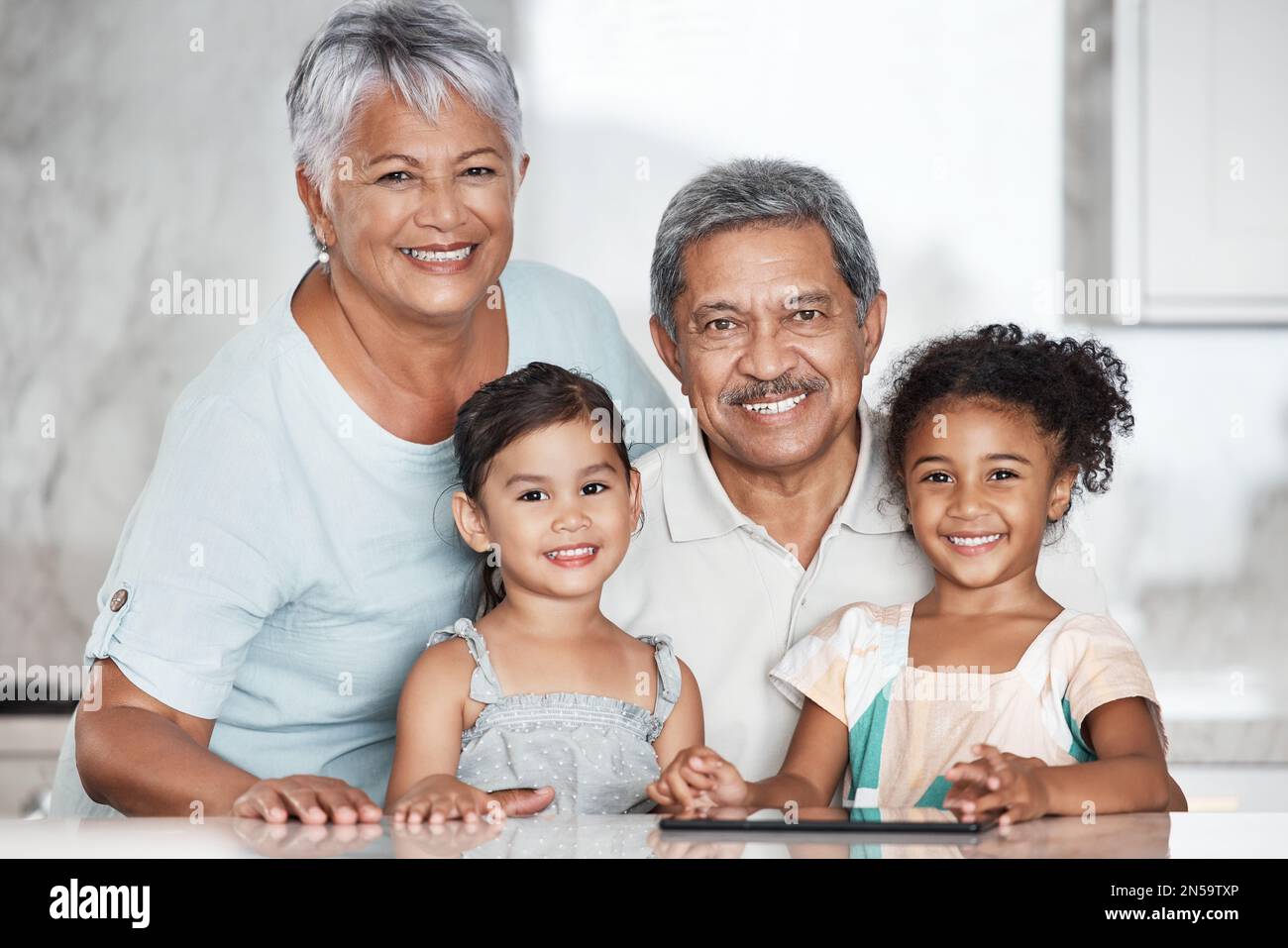 Portrait, family or children with senior grandparents and girl ...
