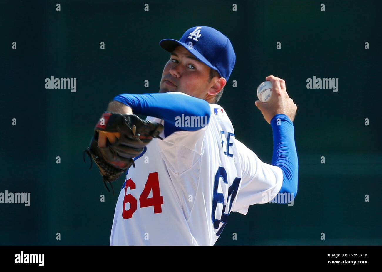 Los Angeles Dodgers pitcher Zach Lee throws against the Texas Rangers ...
