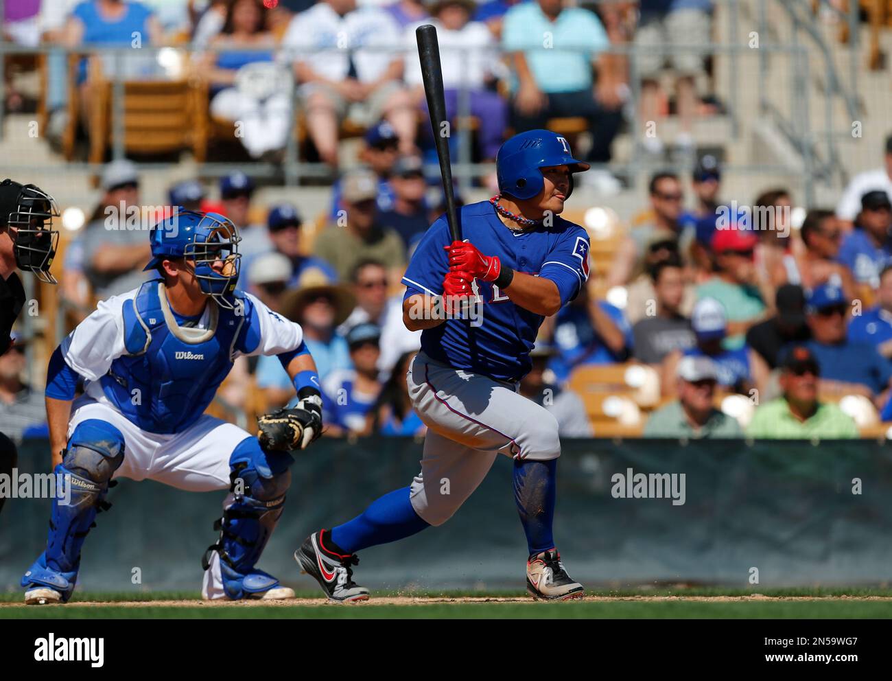 Texas Rangers Shin-Soo Choo bats against the Los Angeles Dodgers during ...