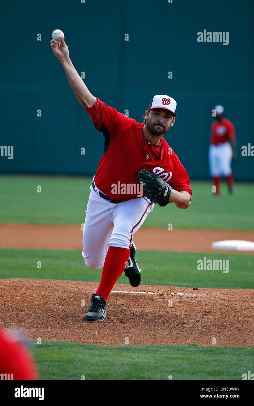Washington Nationals pitcher Tanner Roark (57) warms up from the mound ...