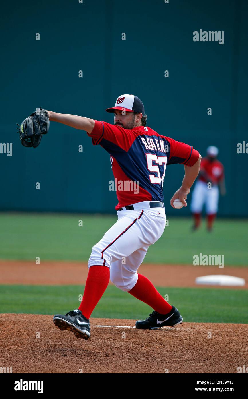 Washington Nationals pitcher Tanner Roark (57) warms up from the mound ...