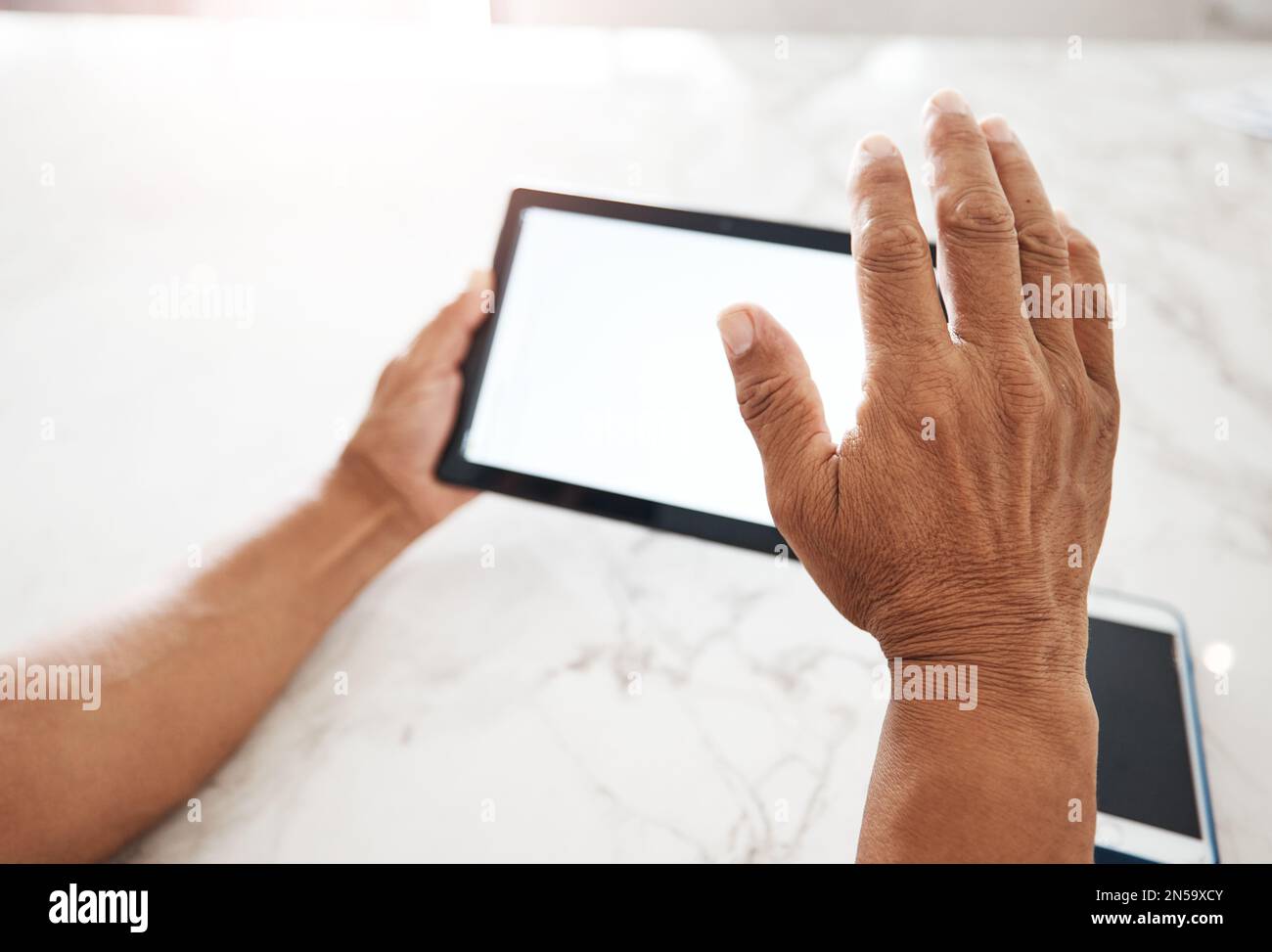 Tablet, mockup screen and hands of man wave for video call, social ...