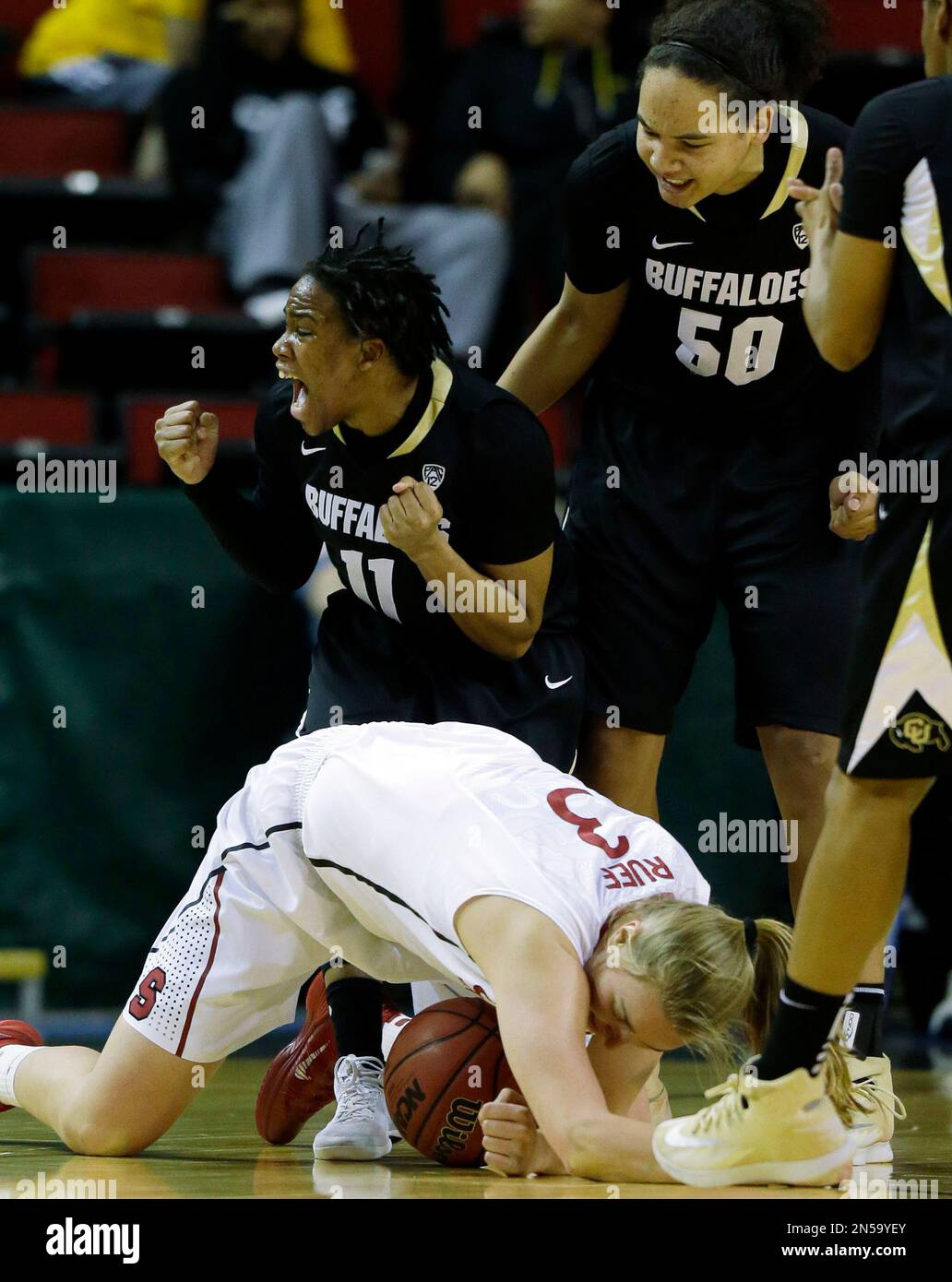 Colorado's Brittany Wilson (11) and Jamee Swan (50) celebrate after ...