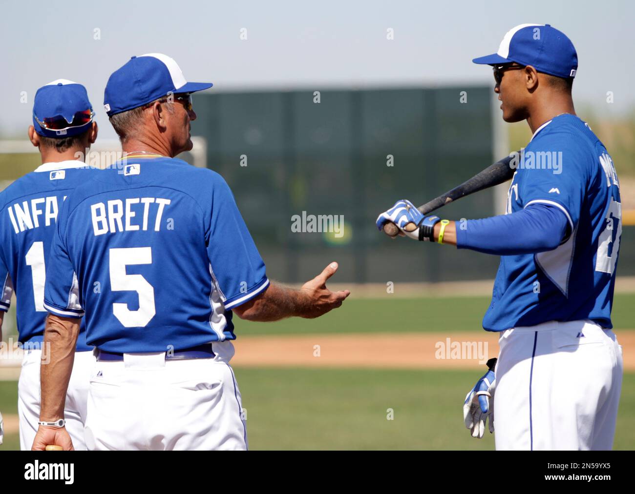 Kansas City Royals George Brett talks with Justin Maxwell in batting ...