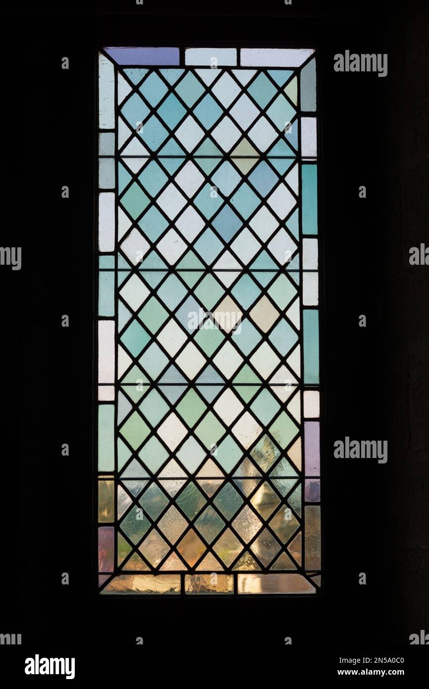 Antique multicolored medieval stained glass window panel in Palace of ...