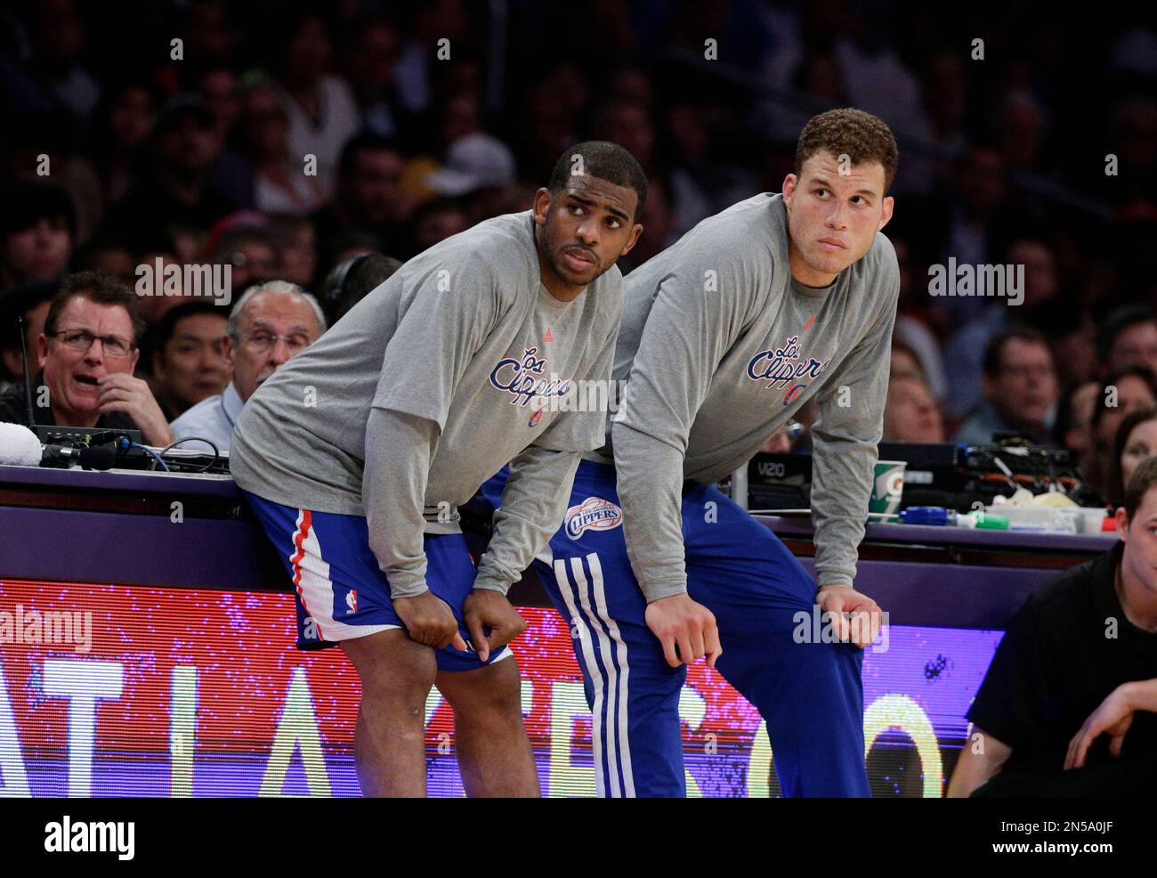 Los Angeles Clippers' Chris Paul, left, and Blake Griffin watch during ...
