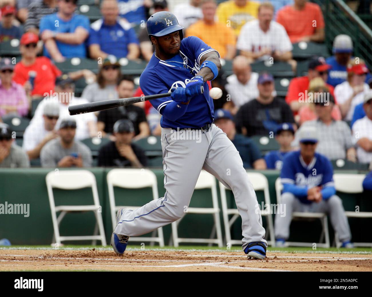 Los Angeles Dodgers' Hanley Ramirez hits during an exhibition spring ...