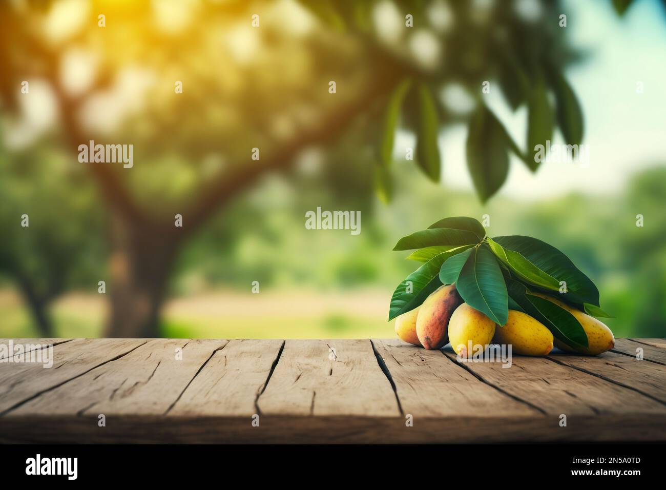Empty wooden table in front of mango tree background Stock Photo - Alamy