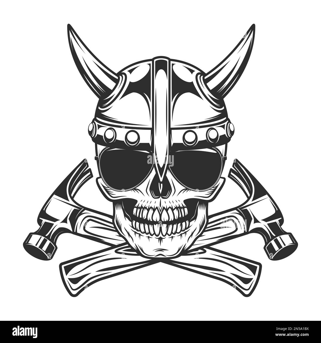 Viking skull in horned helmet with construction hammer tools and ...