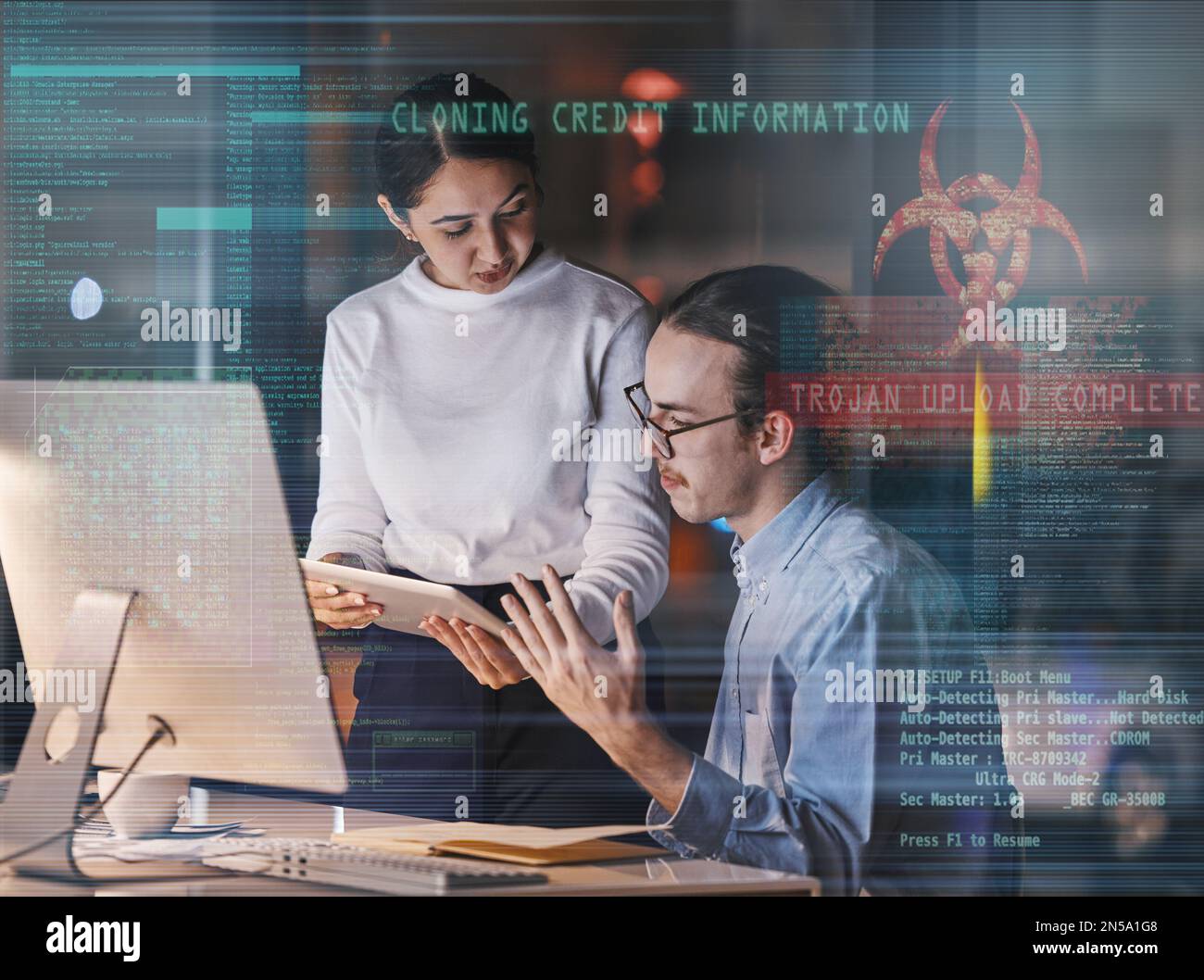 Cybersecurity overlay, futuristic graphic and computer software ...