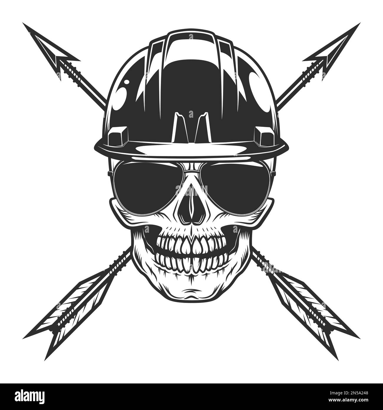 Skull in builder construction helmet hardhat concept with hunting arrow ...