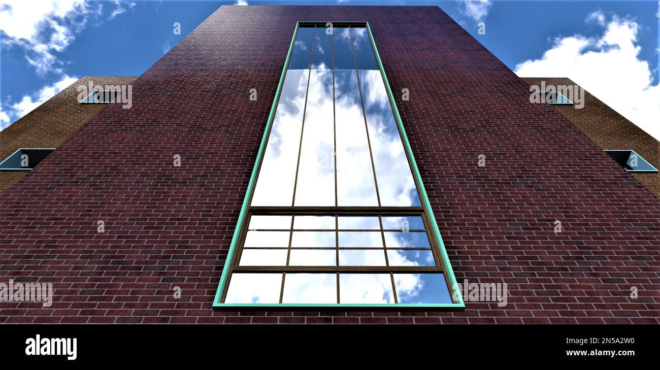 Bottom view of the catholic church huge window against the blue cloudy ...