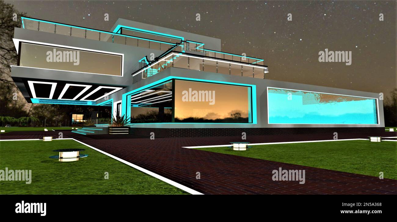 Night view of the advanced upscale home with swimming pool inside ...