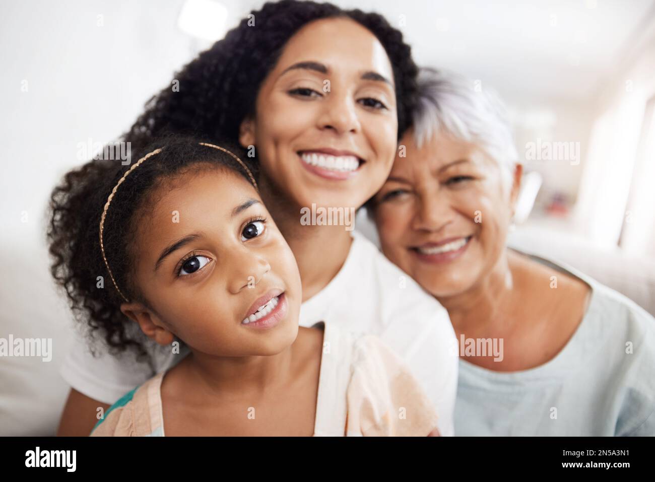 Family, generations with love in portrait and care at home, mother and ...