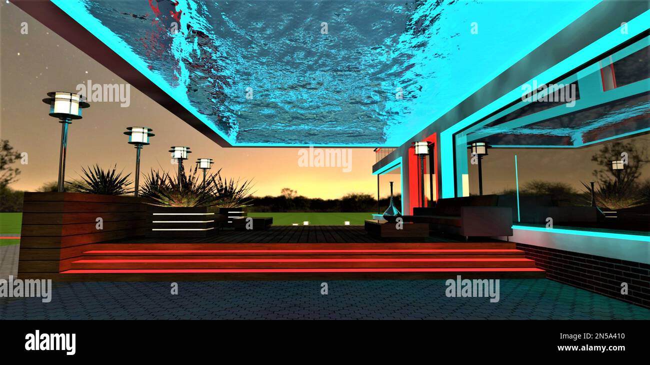 Illuminated glass transparent bottom pool at night above the cozy ...