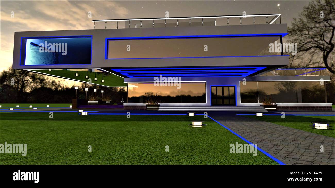 Walkway with blue glowing border on the lawn to the entrance of the ...