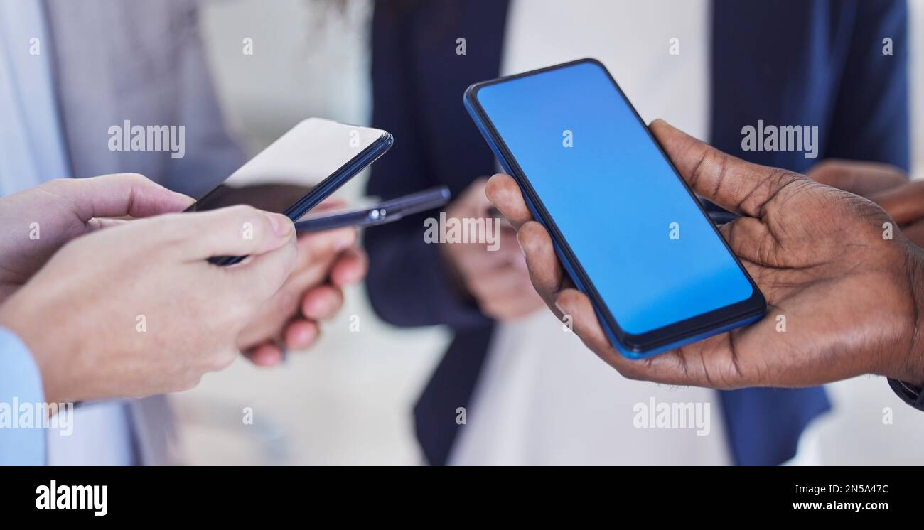Green screen, phone and group hands for mobile app, networking mockup ...