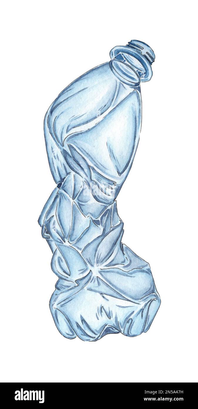 Watercolor drawing of a blue crumpled plastic bottle. Realistic ...