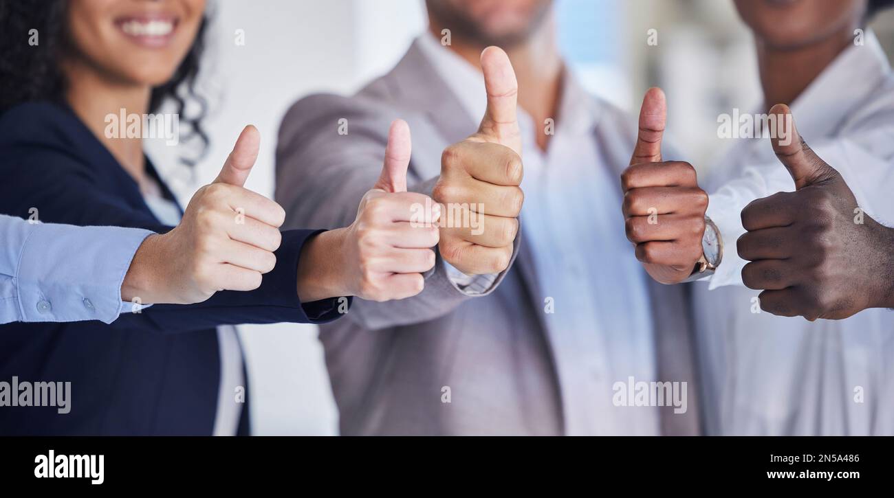 Thumbs up, hands and business people, diversity and yes, agreement and ...