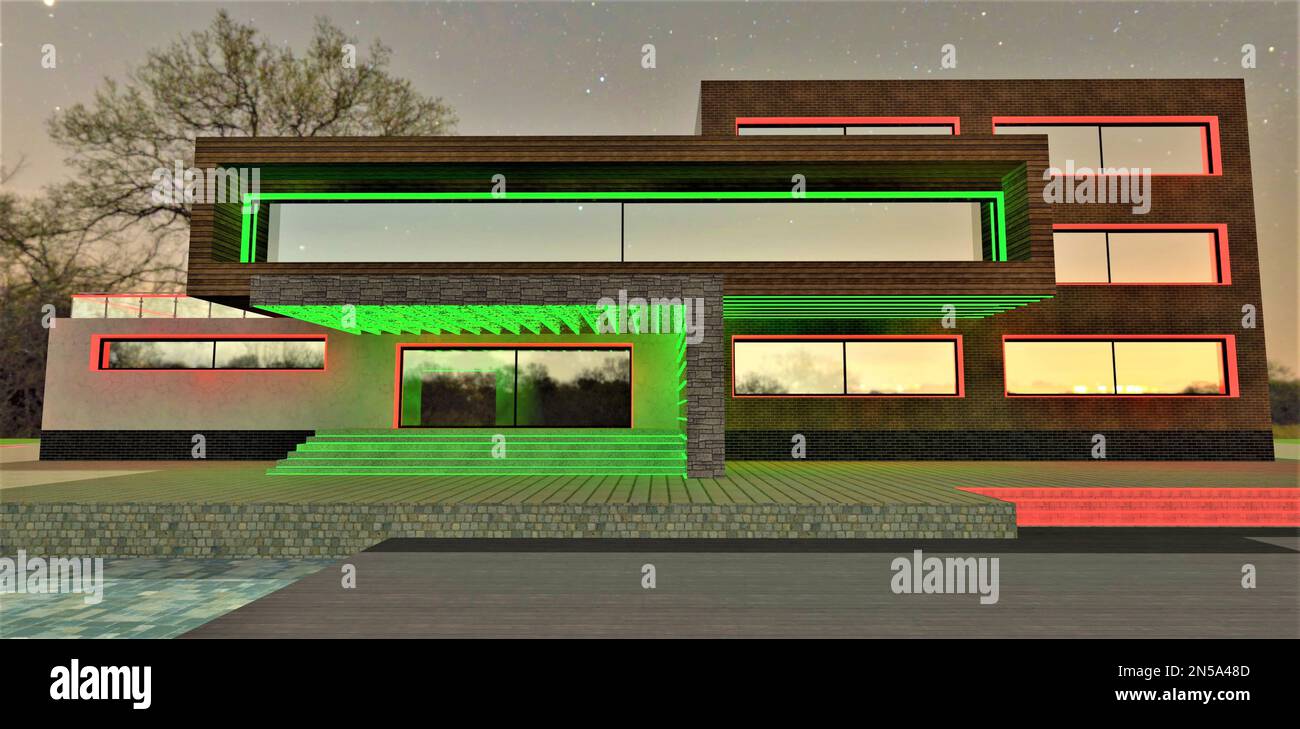 Wide spacious balcony illuminated in green above the stylish porch with ...