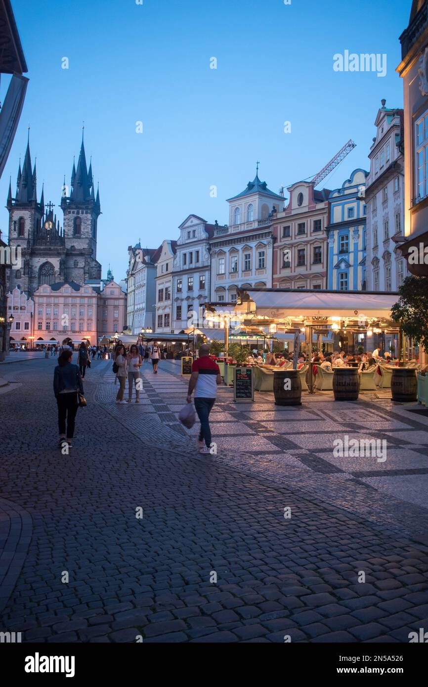 The old town square of Prague, Czech Republic, during sunset without people surounded by the ...