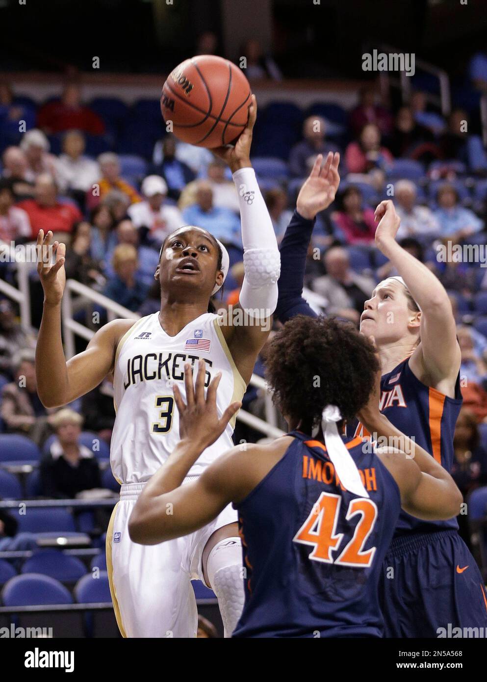 Georgia Tech's Kaela Davis (3) shoots over Virginia's Sarah Imovbioh ...