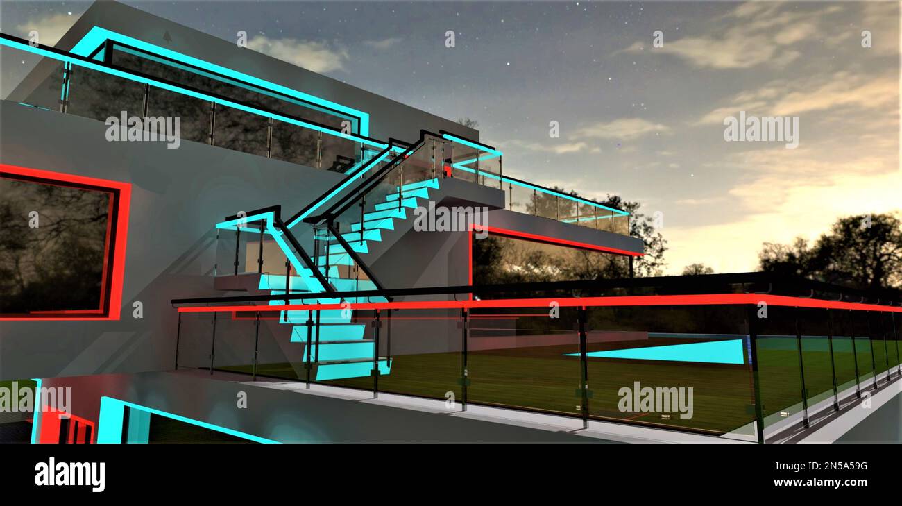 Glass fence of the terrace with red glowing rails at night. Turquoise ...