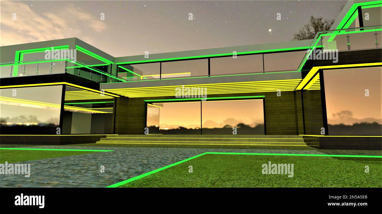 Entrance to a contemporary low-rise suburban building at night. Glass ...