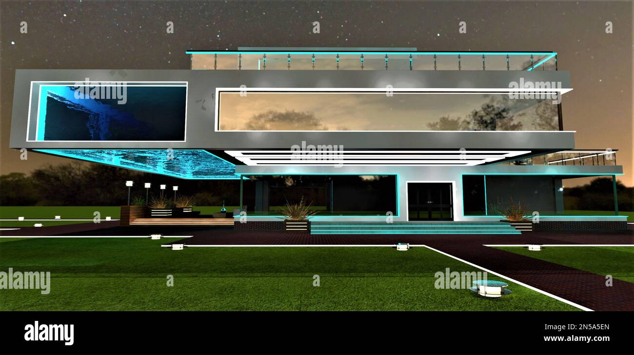 Entrance to the luxury mansion. High tech cantilevered swimming pool ...