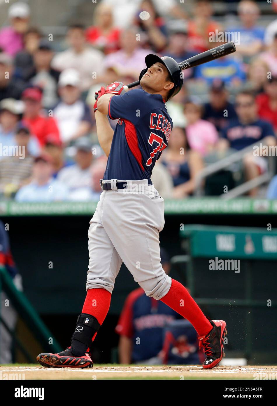 Boston Red Sox's Garin Cecchini bats during the first inning of an ...