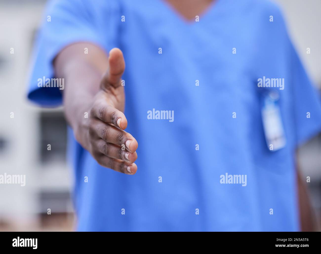 Doctor, handshake or black woman medical worker greeting, welcome or ...