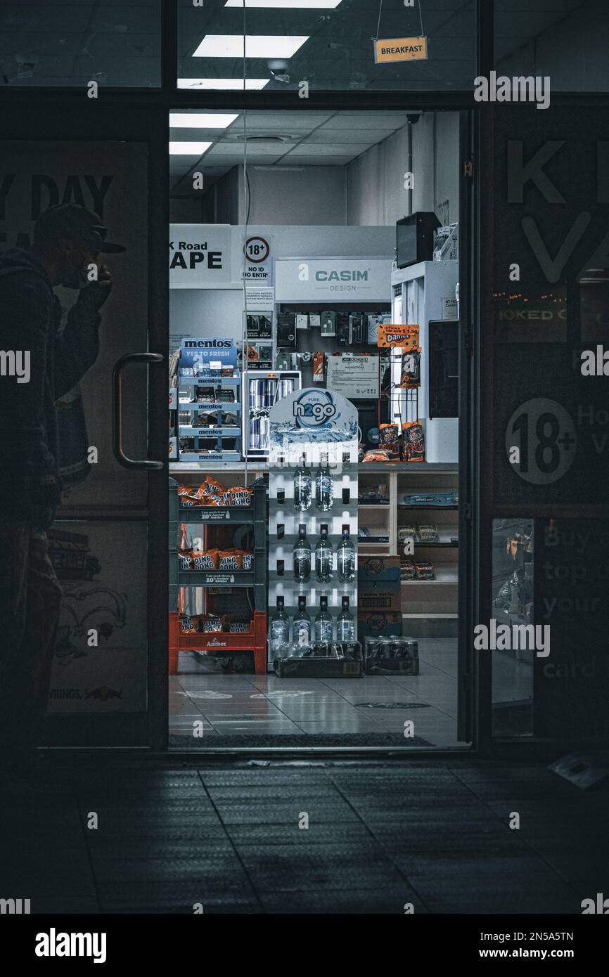A vertical shot of the convenience store entrance in Auckland, New ...