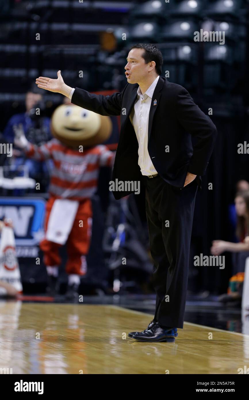 Ohio State head coach Kevin McGuff questions a call in the second half of an NCAA college ...