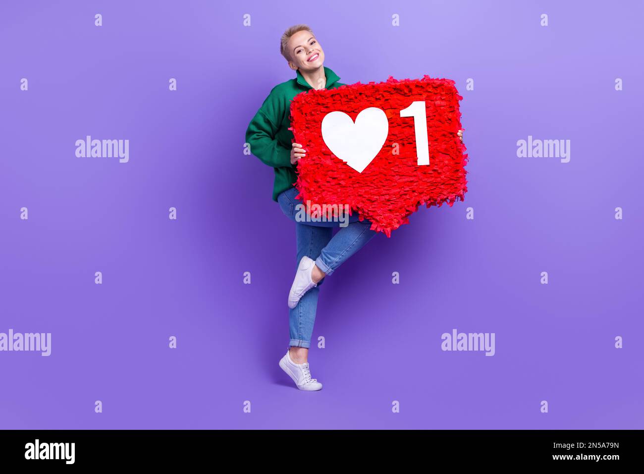 Full length photo of adorable dreamy lady wear green sweater holding ...