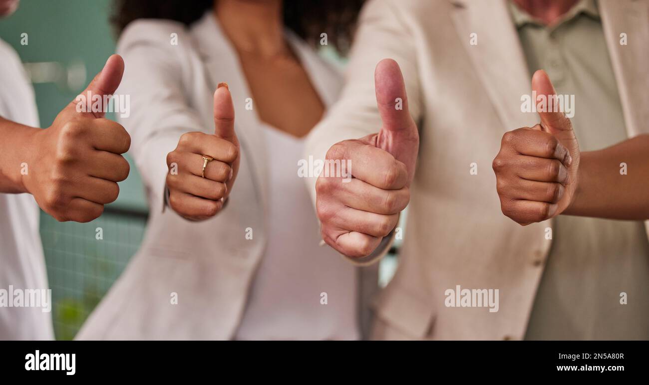 Business people, hands and thumbs up for good job, winning or yes in agreement at the office ...