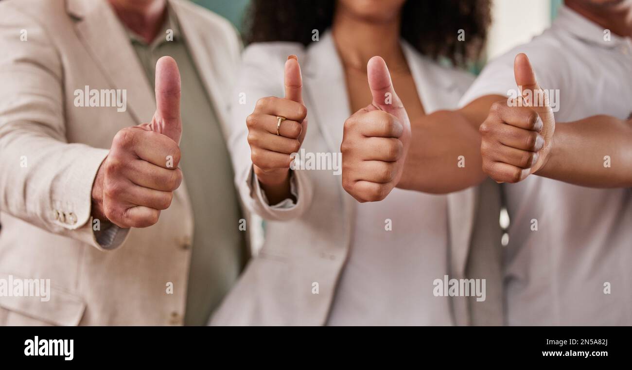 Business people, hands and thumbs up for winning, agreement or good job ...